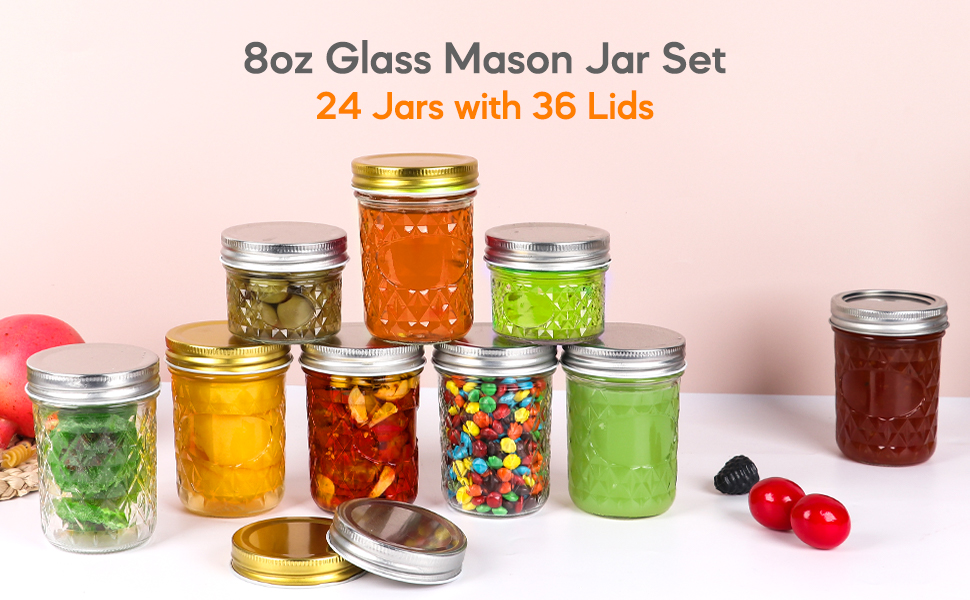 Jaisie.W 8oz mason jars with Silver Lids&Bands 24Pack and Stickers, Small Mason Jars 8 oz - Half ...