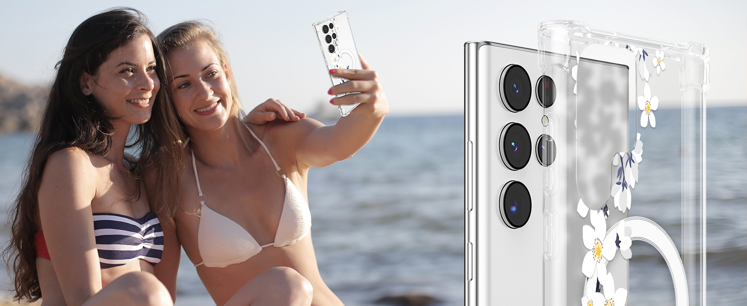 Amazon.com: DEFBSC Magnetic Case for Samsung Galaxy S22 Ultra [Work with Magsafe] Clear Floral ...