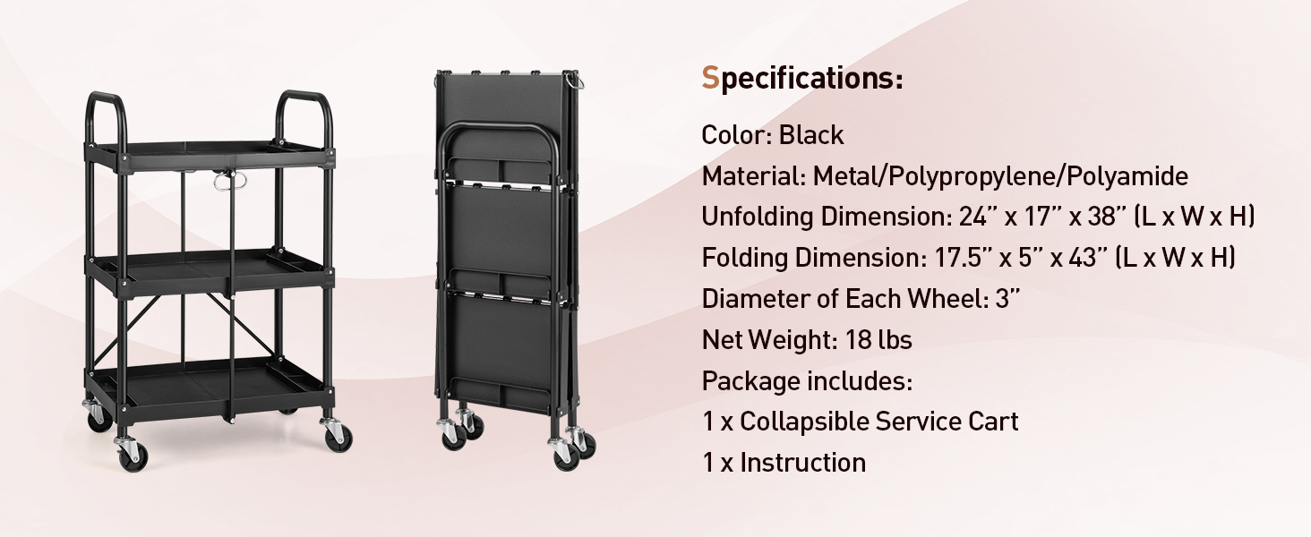 Amazon.com: Goplus Folding Utility Cart on Wheels, 250lbs 3-Tier Rolling Tool Cart w/Lockable ...