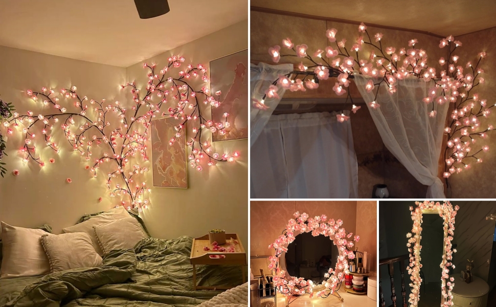 VIMAZ LED Cherry Blossom Tree Branch Lights for Wall,8 Modes Cherry Blossom Lights with 48 LED ...