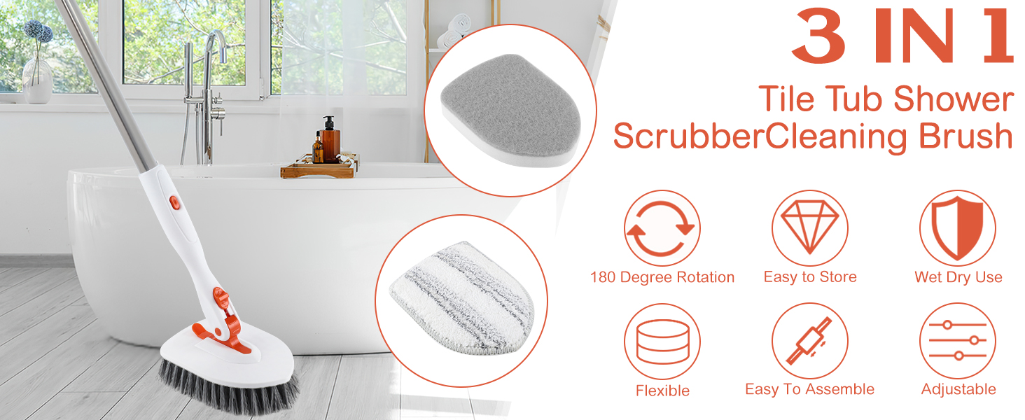 Amazon.com: Wlich 3 in 1 Tub Tile Scrubber Brush,52 Inch Long Handle ...