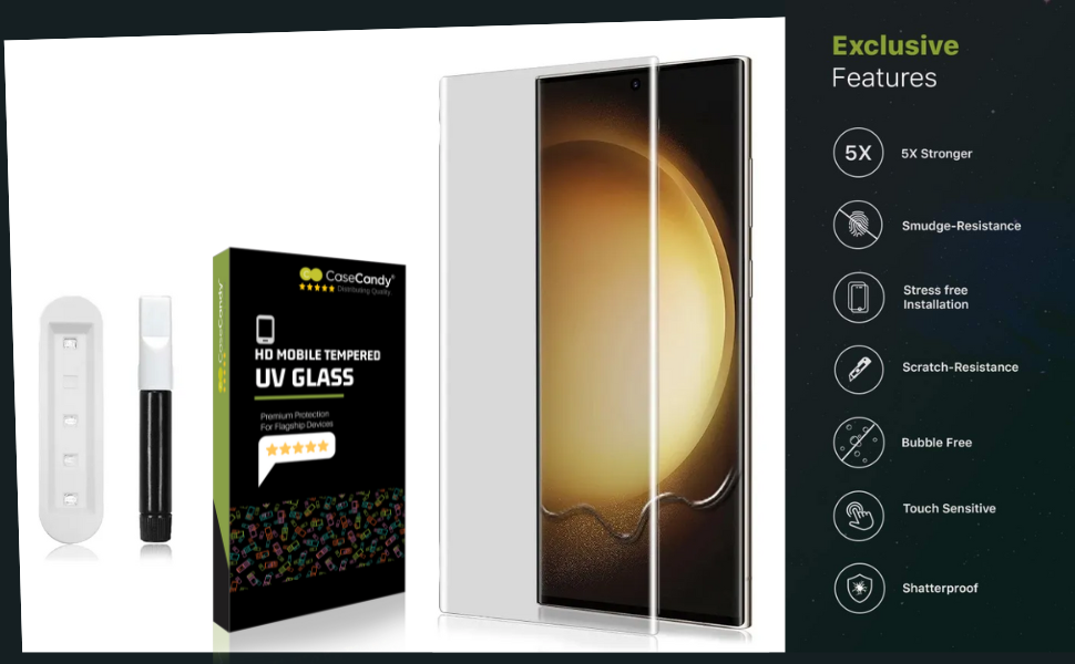 Casecandy ® - (Pack 1 Samsung S23 Ultra Tempered Glass Screen Protector, UV Glass Full Adhesive ...