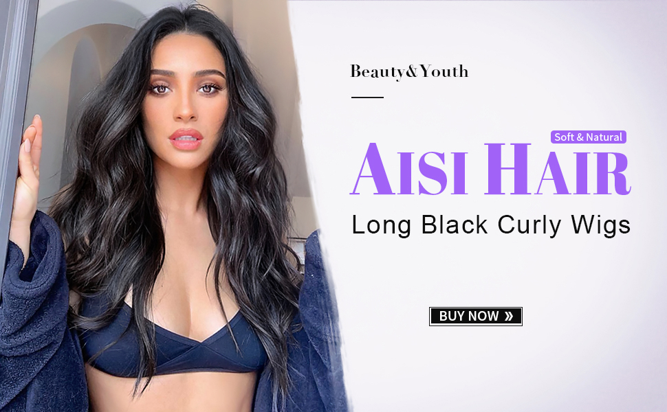 Amazon.com: AISI HAIR Long Wavy Wig Dark Black Wigs for Women Synthetic Curly Wigs Middle Part ...