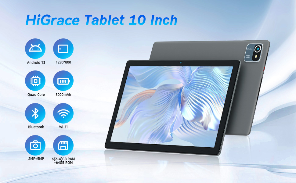 HiGrace 10" Android 13 Tablet with 6GB RAM+64GB ROM, 128GB SD Expansion, Quad Core, 5000 mAh ...