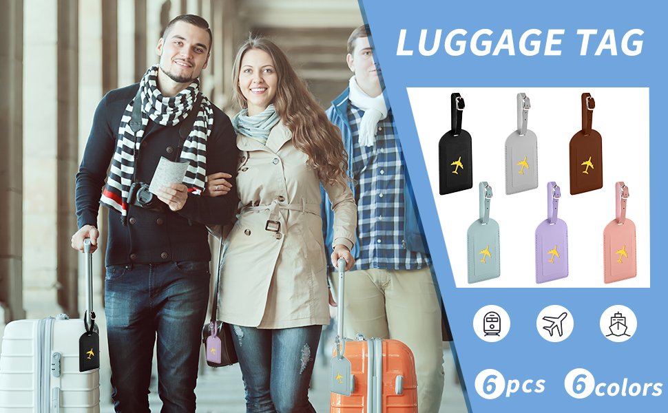 Luggage Tags, 6 Pack Suitcase Tags with Name ID Card, PU Leather Baggage Tags Labels for Baggage ...