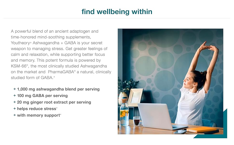 Amazon.com: Youtheory Ashwagandha + GABA - 1,000 mg Ashwagandha & 100 mg GABA - Cortisol, Stress ...