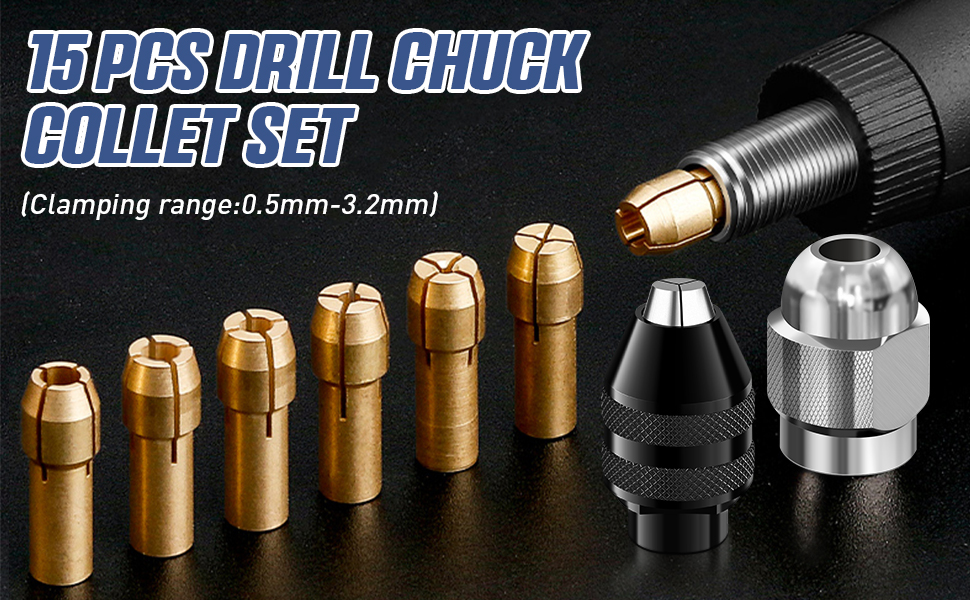 4486 Multi Chuck Set 15Pcs,Brass Collet Set,Collet Nut Kit,0.8-3.2mm Replacement Keyless Quick ...