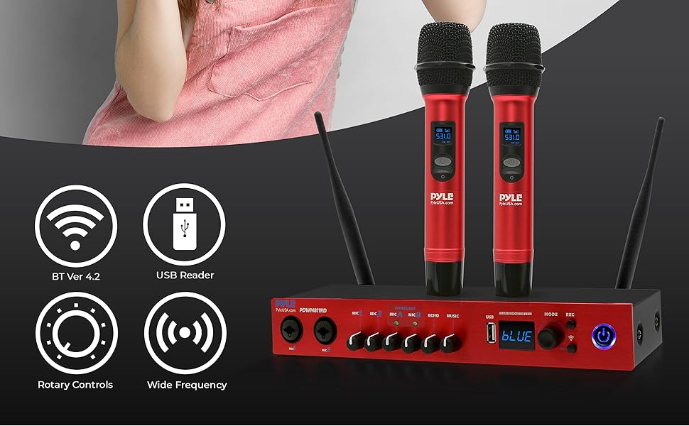 Amazon.com: Pyle UHF Wireless Microphone System, Bluetooth, Handheld Mics, Receiver Base ...