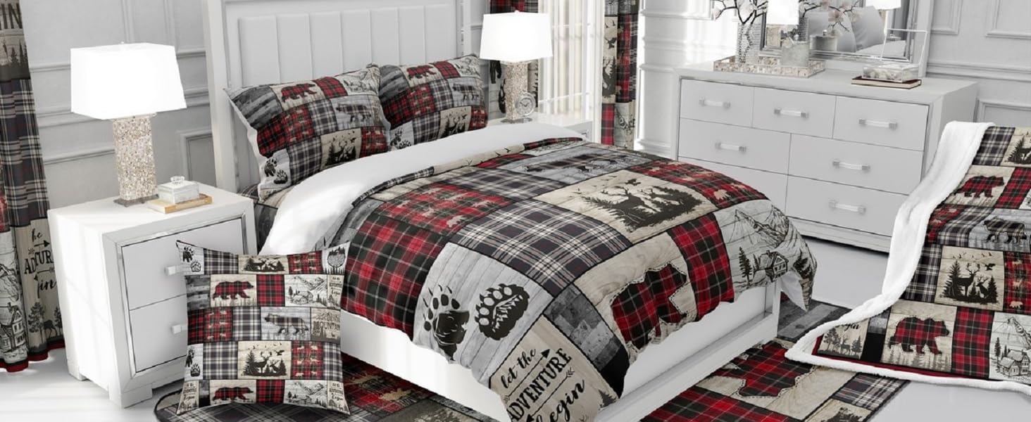 Amazon.com: Rustic Cabin Comforter Set Queen Woodland Wolf Deer Bear Comforter For Kids Adults ...
