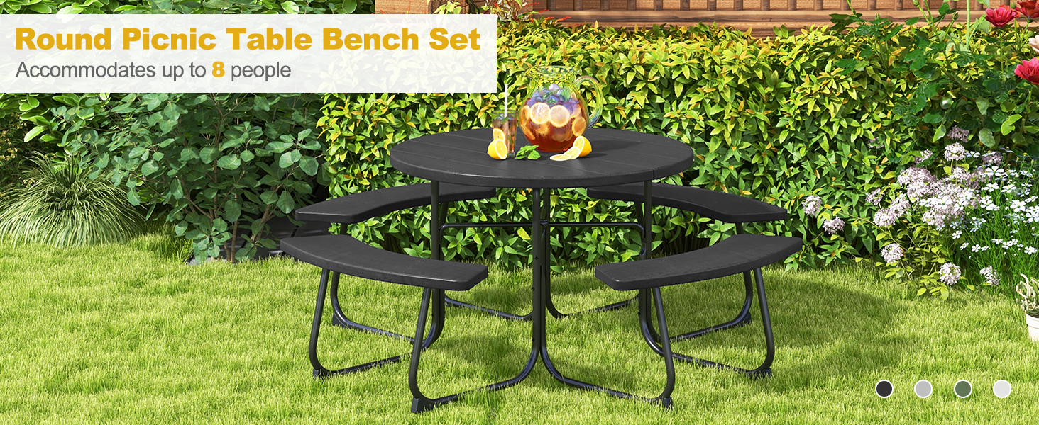 Amazon.com: Tangkula 8 Person Picnic Table, Outdoor Round Picnic Table with 4 Built-in Benches ...