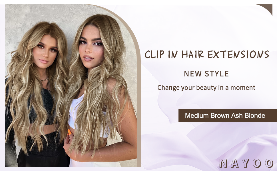 NAYOO Clip in Hair Extensions for Women 20 Inch Long Wavy Curly Medium Brown Ash Blonde Hair ...