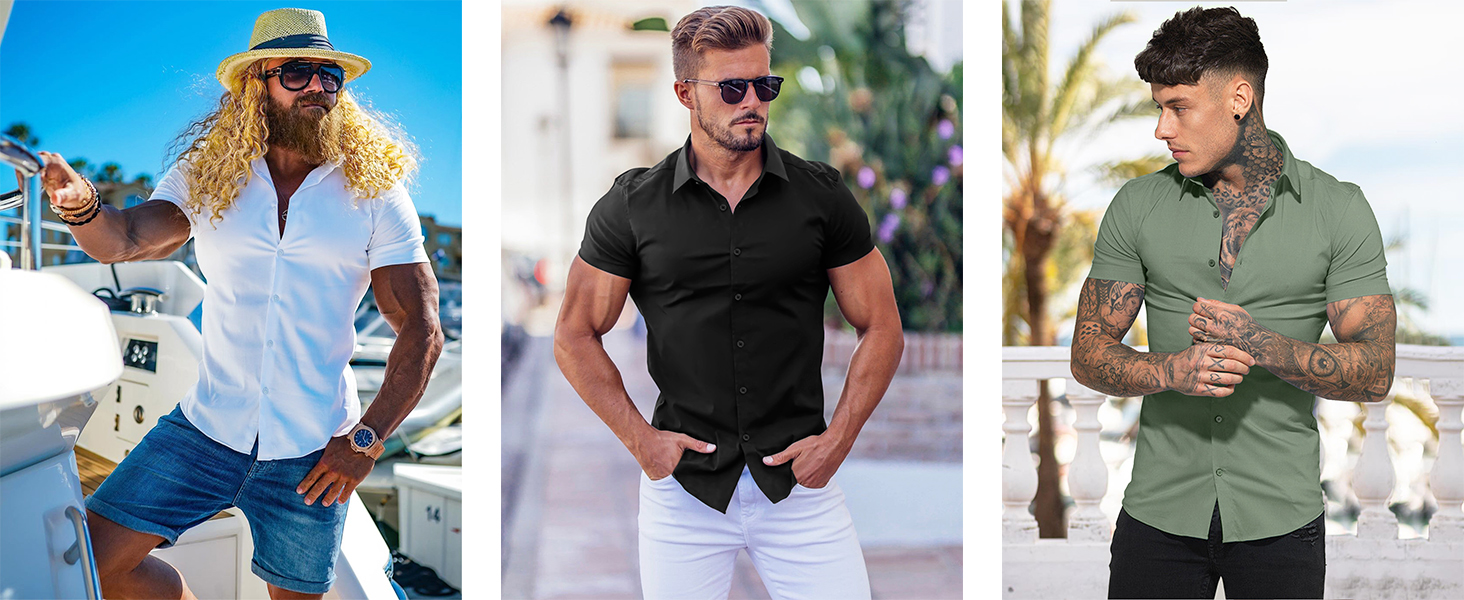 Amazon.com: URRU Men's Muscle Dress Shirts Slim Fit Stretch Short Sleeve Casual Button Down ...