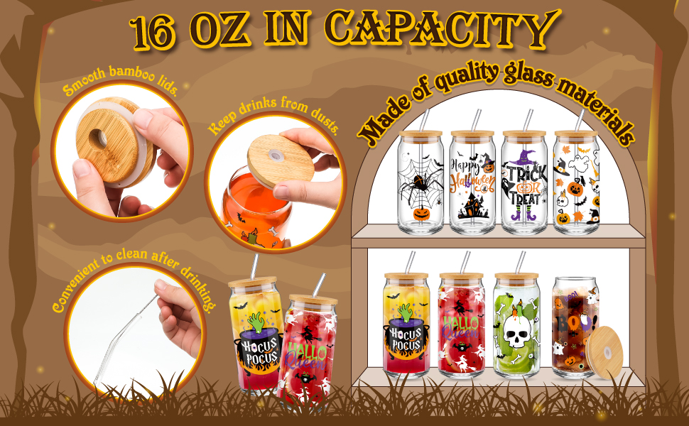 Amazon.com | Umigy 8 Pcs 16oz Halloween Glass Tumbler Halloween Iced ...