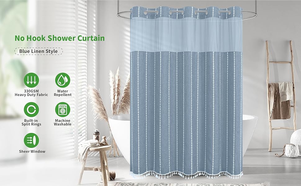 Amazon.com: eachope Boho Farmhouse No Hook Shower Curtain Set with Snap-in Fabric Liner,Heavy ...