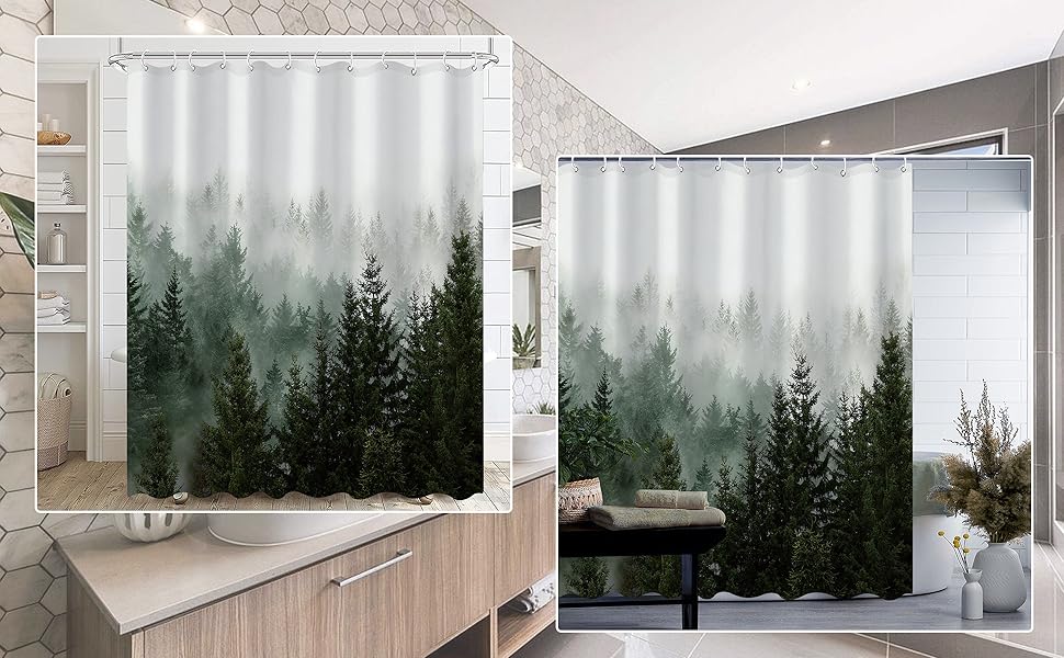 Amazon.com: Aipon Green Misty Forest Shower Curtain Nature Tree Shower Curtain Set Dark Green ...