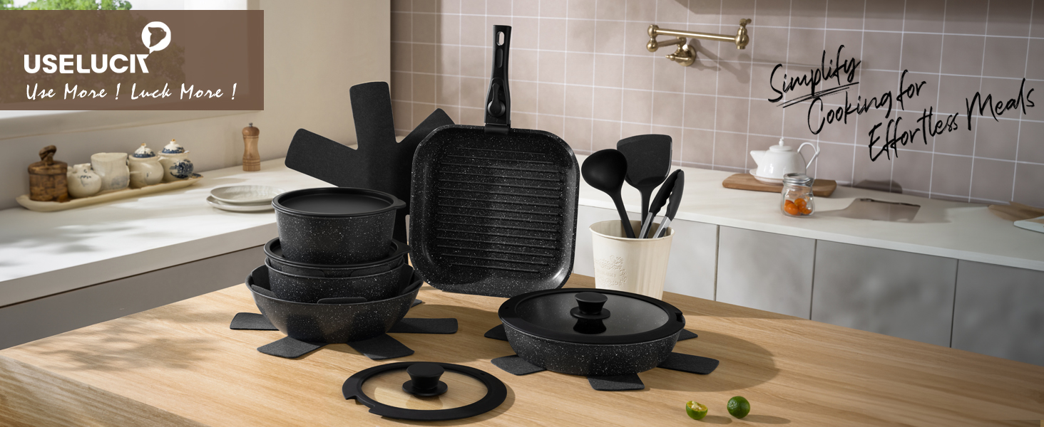Amazon.com: USELUCK 20 Pcs Pots and Pans Set Non Stick, Stackable Cookware Sets with Detachable ...