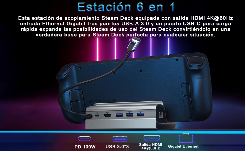Steam Deck Dock, Docking Station USB C 6 en 1, con HDMI 2.0 4K@60Hz, Ethernet Gigabit, 3 Puertos ...