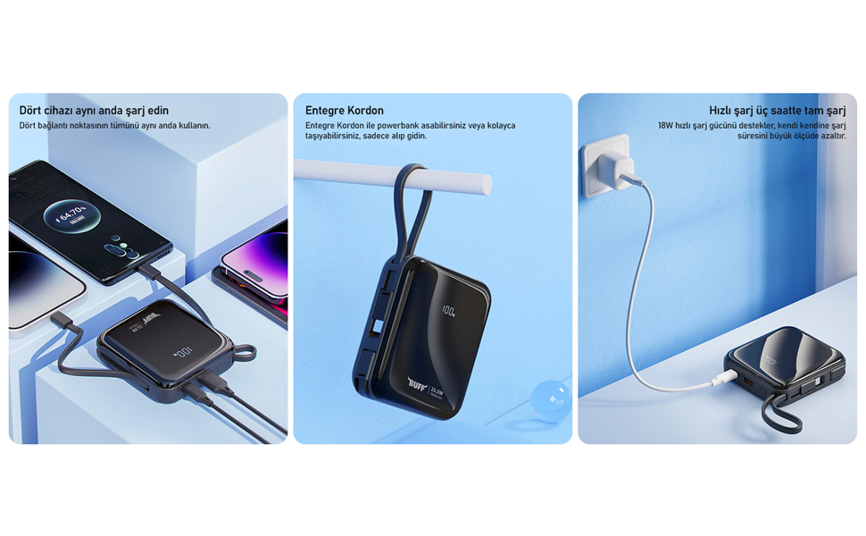 BUFF LABS BP14 10000 mAh Dijital Ekranlı Dahili Kablolu Powerbank : Amazon.com.tr: Elektronik