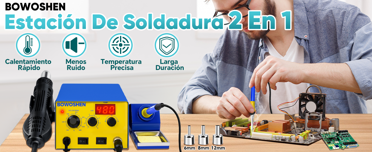 Bowoshen Estación De Soldadura De Aire Caliente 2 En 1 Con LCD Pantalla Digital,3 Boquillas ...