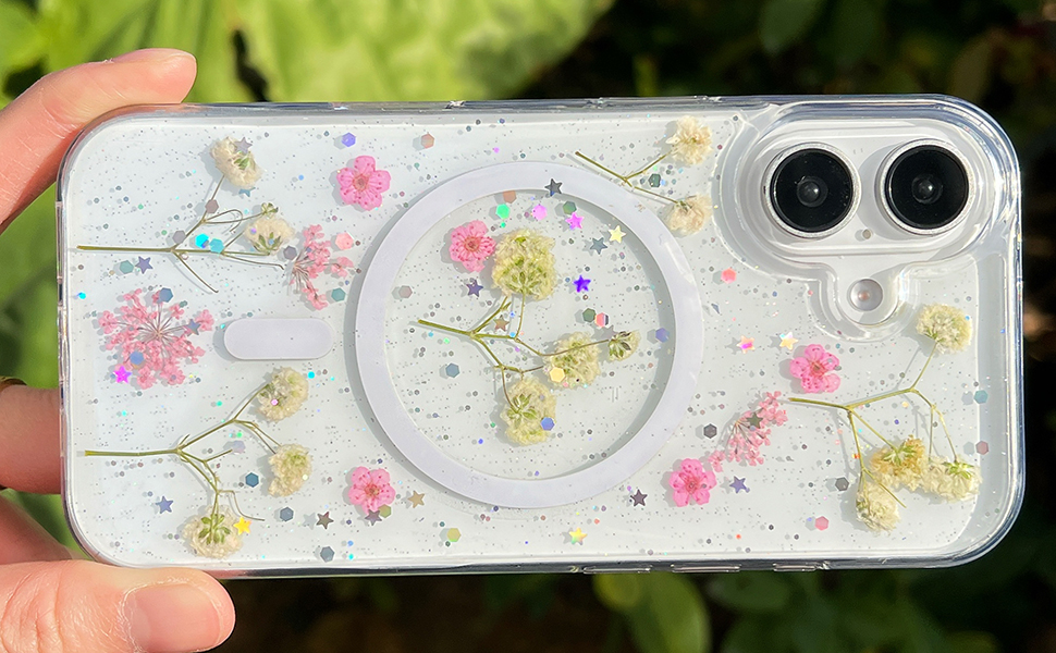 Amazon.com: ASONCE Cute Real Flowers for iPhone 16 Plus Case [Compatible with MagSafe] Glitter ...