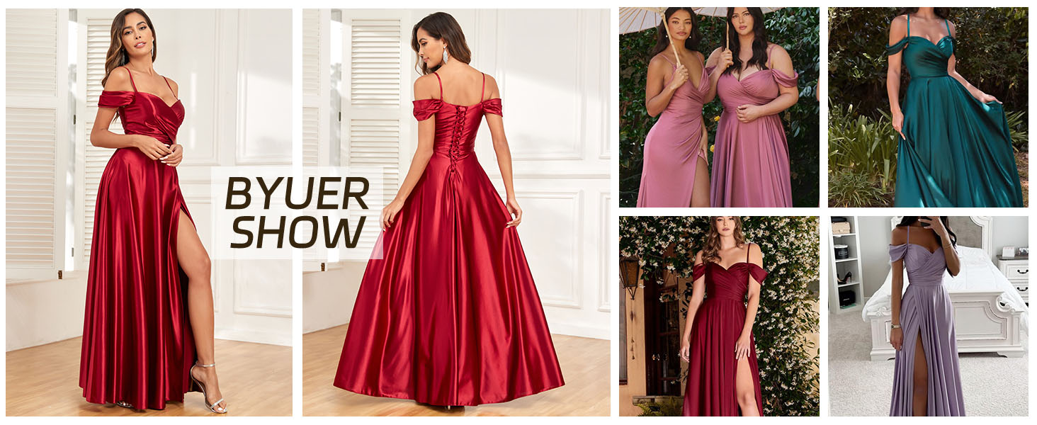 Amazon.com: IIF Off Shoulder Satin Bridesmaid Dresses Spaghetti Strap Long Ruched A Line Formal ...