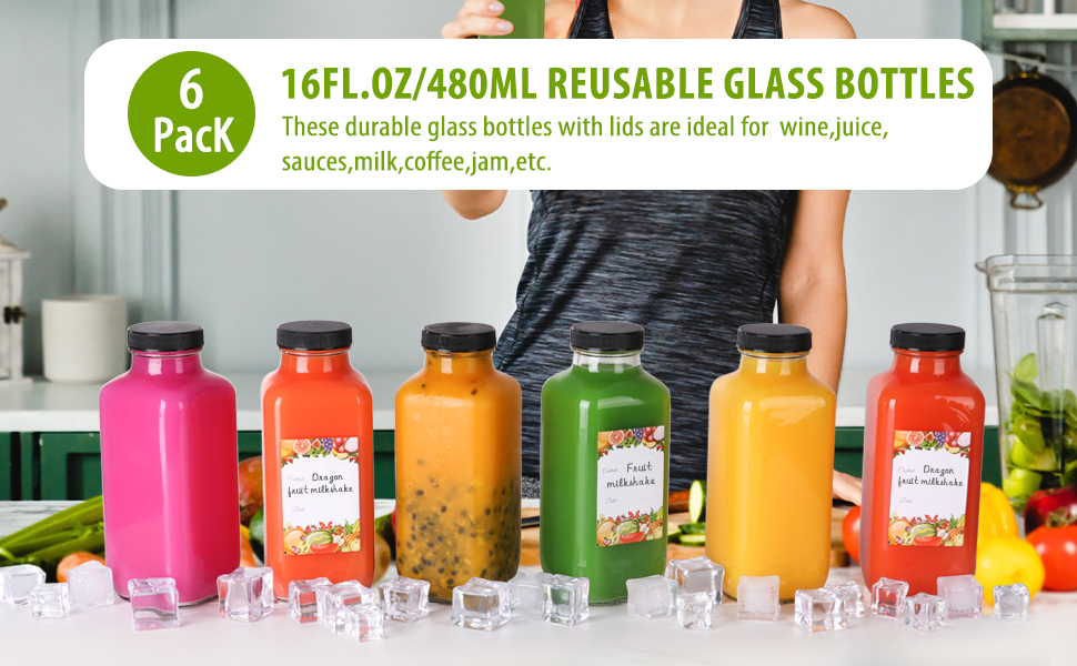 Amazon.com: Alotpower 16 oz Juicing Bottles Reusable Glass 6 Pack, Square Glass Juice Bottles ...