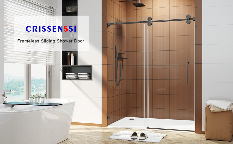 Frameless Shower Door, 62"-66" Wide, 76" High, 3/8" (10mm) Clear Tempered Glass, Noiseless ...