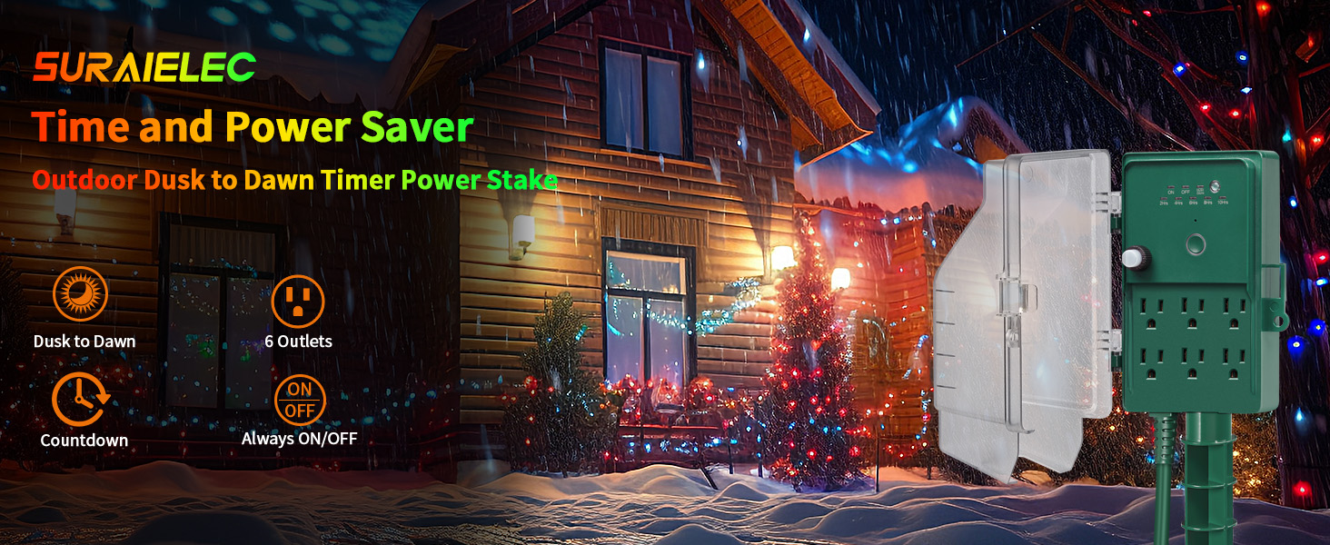 SURAIELEC Outdoor Power Stake Light Timer, Dusk to Dawn, 6 Electrical ...