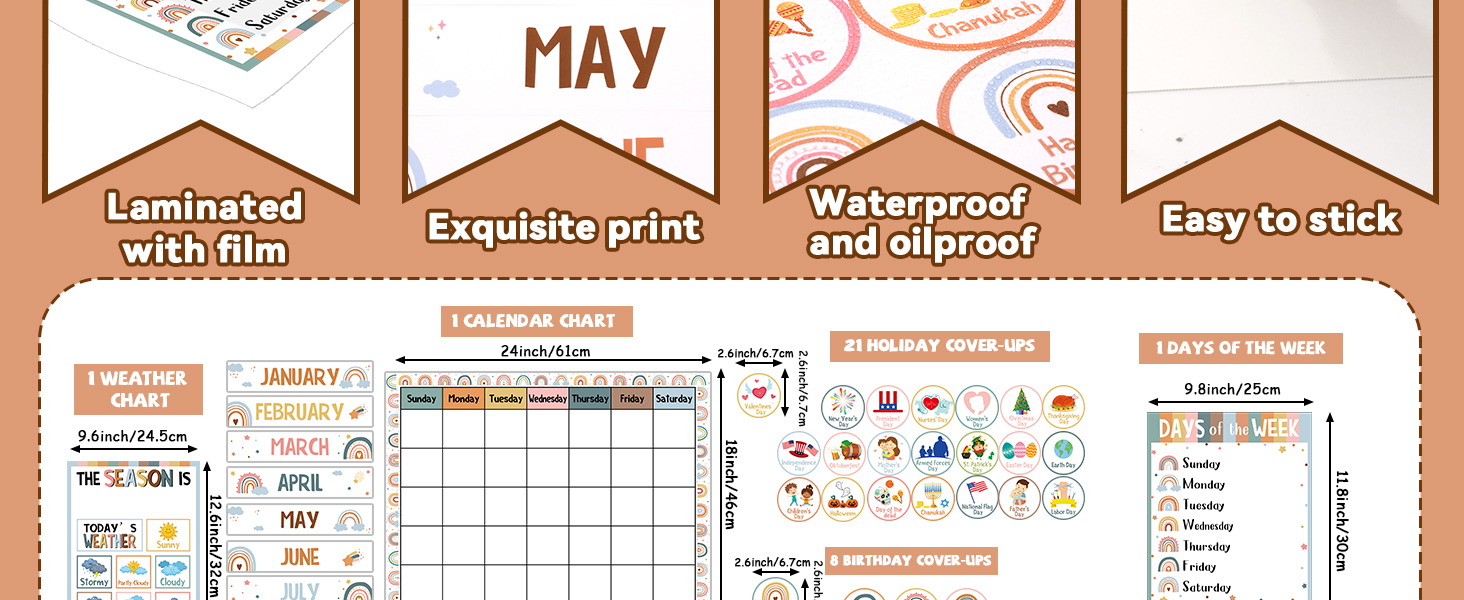 Amazon.com : Qyeahkj Boho Rainbow Classroom Calendar Set Bulletin Board ...