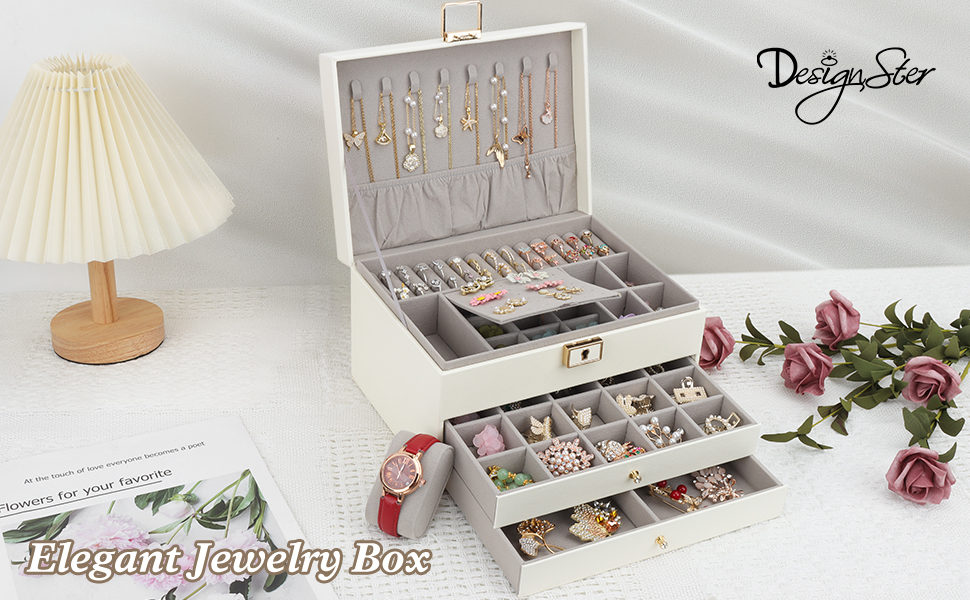 Amazon.com: DesignSter Jewelry Box,Jewelry Organizer with 2 Drawers, 3 Layers Leather Jewelry ...