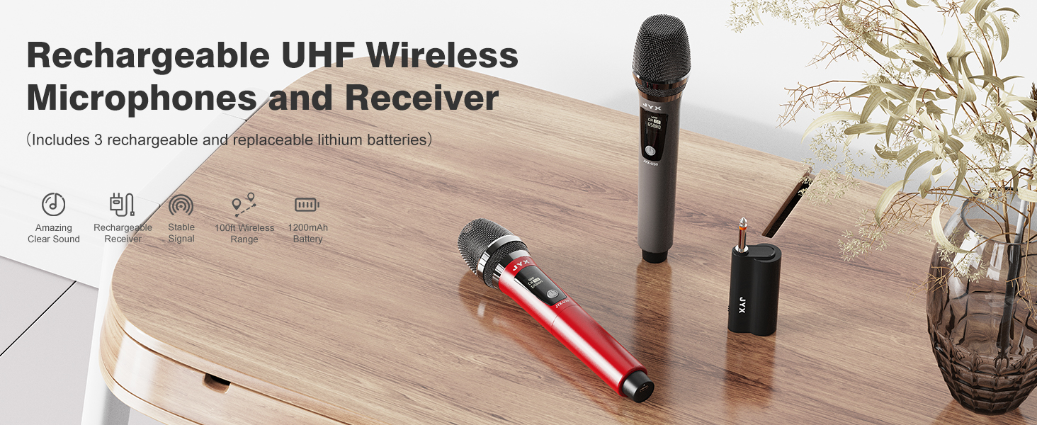JYX Drahtloses UHF Mikrofon, 30M Karaoke Mikrofon Kabellos mit Empfänger, Dual Mikrofon für PA ...
