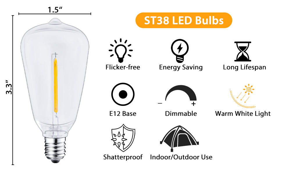25 Packs ST38 LED Edison Bulbs,0.6Watt E12 Base Small Vintage Light Bulbs Equivalent to 7W ...