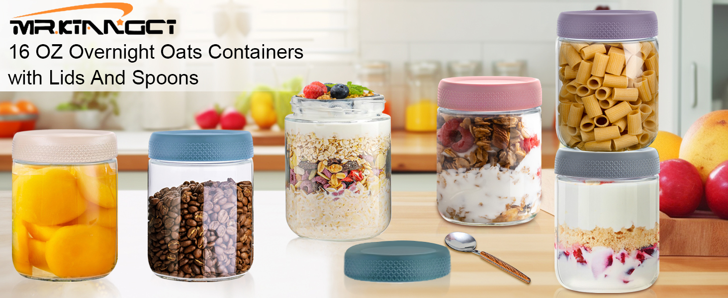 Amazon.com: MR.KIANGCI 6 Pack Overnight Oats Containers with Lids, Glass Jar Mason Jars 16 OZ ...
