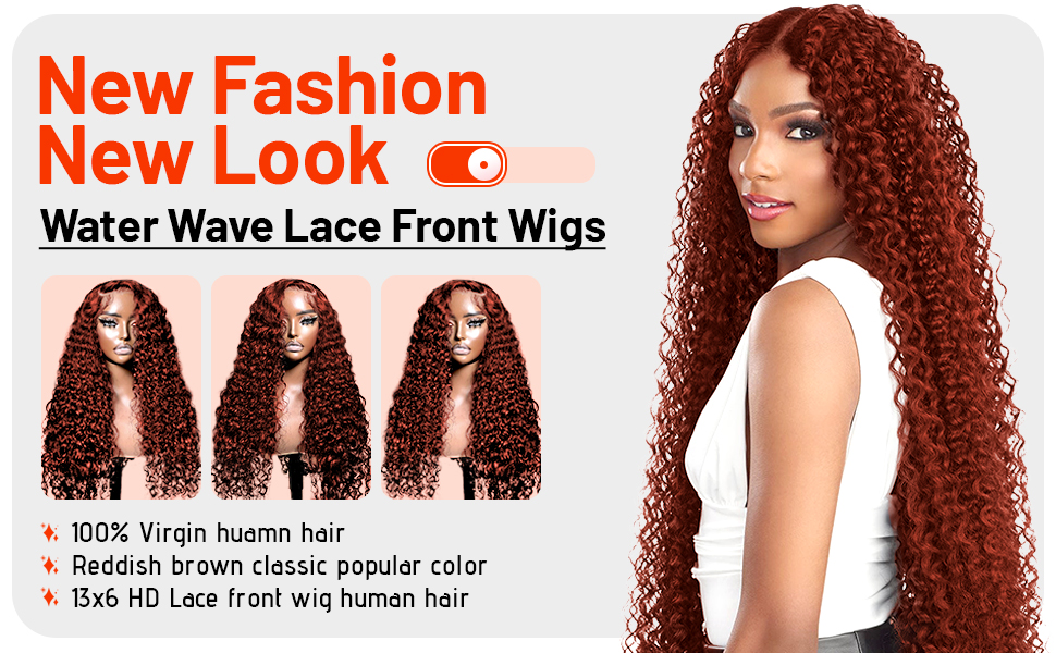 Amazon.com : 13x6 Water Wave Reddish Brown Lace Front Wigs Human Hair Pre Plucked 200 Density HD ...