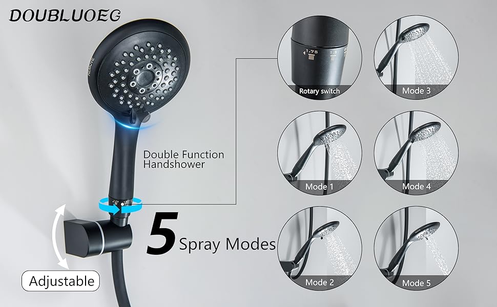 DOUBLUOEG Dual Shower Head for Couples with 5 Spray Modes High Pressure Double Tandem Shower ...