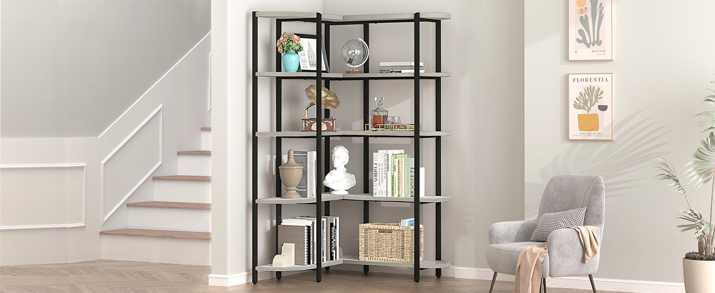 Amazon.com: Launica 5 Tier Corner Bookshelf, Tall Grey L Shaped Book Shelf with Storage, Large ...