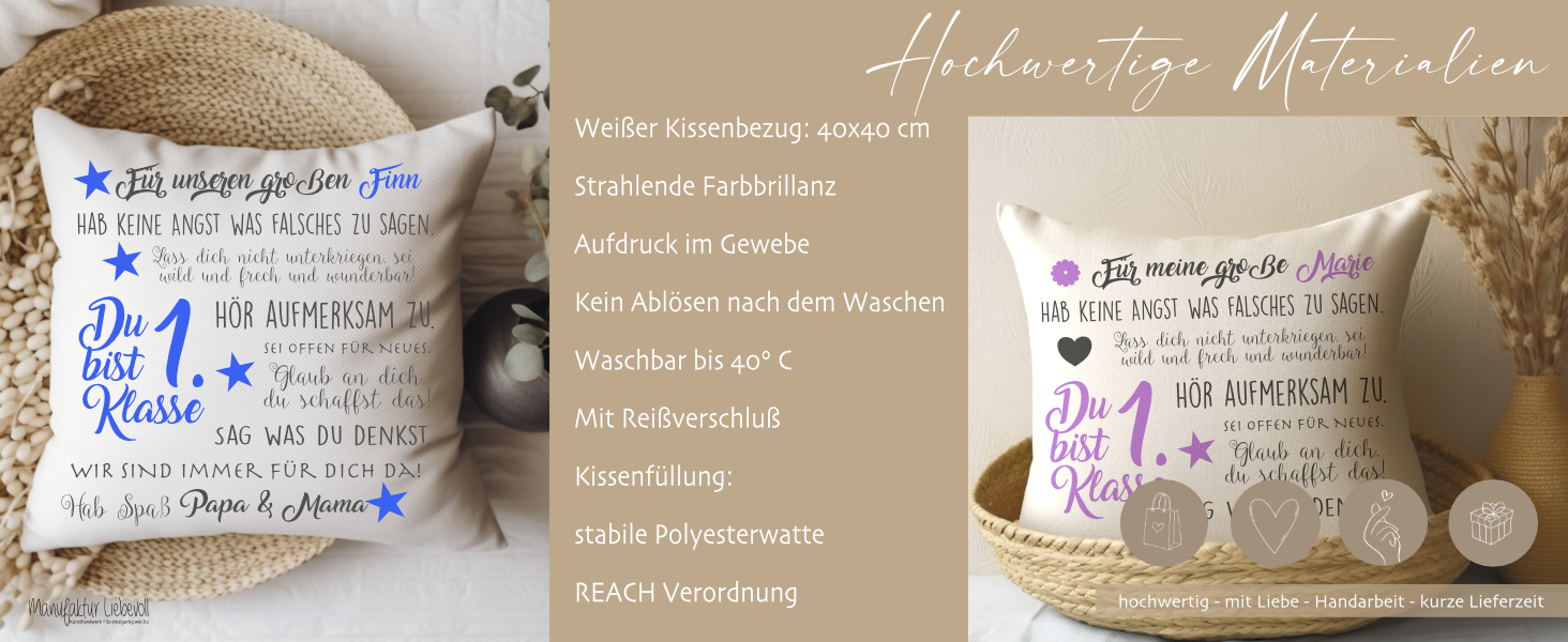 Manufaktur Liebevoll Einschulung Kissen Mädchen Geschenk Einschulung Junge Schulkind 2024 ...