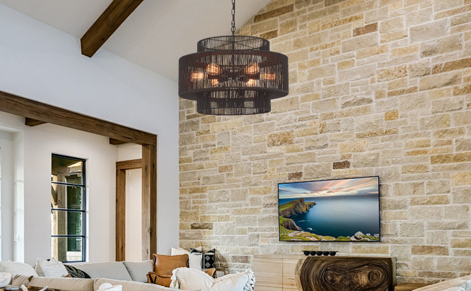 Widluth Hand-Woven Rattan Chandelier Vintage 6-Light Farmhouse Boho ...