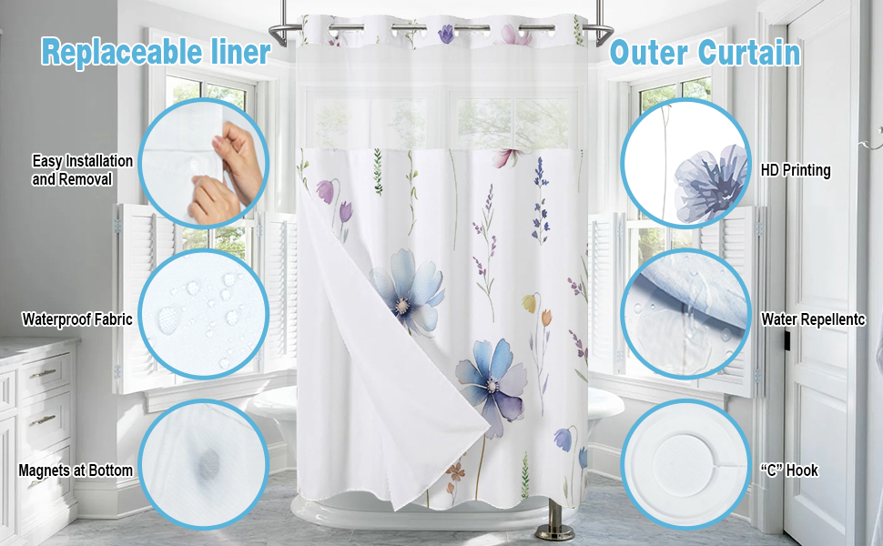 Amazon.com: TERSUM No Hook Shower Curtain with Snap in Liner Set,Modern Blue Floral Shower ...