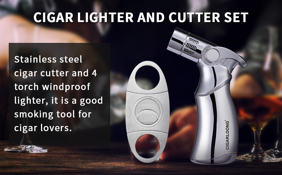 Amazon.com: Demcigar Cigar Lighter and Cutter Set 4 Torch Flames Lighter,Stainless Steel Double ...