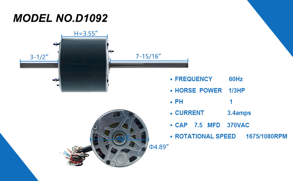 D1092 RV Air Conditioner Fan Motor with Capacitor,Sleeve Bearing1/3 HP, 115 Volts,1675 RPM,Two ...
