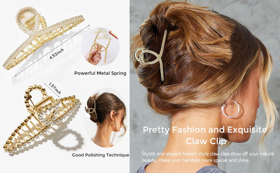 Amazon.com : Pretty Pearl Hair Clips Set, Fancy Gold Metal Claw Clips, Fashion Big Hair Clips ...