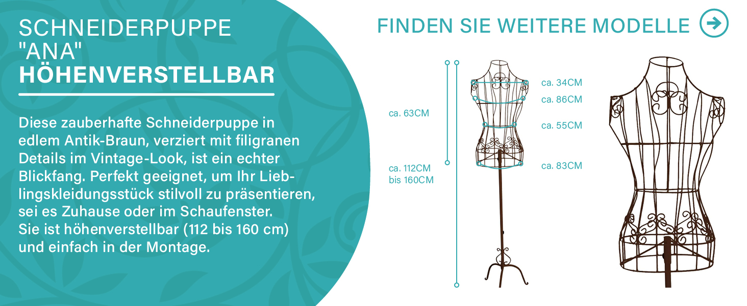 PrimoLiving Metall Schneiderpuppe Ana in Antik-Braun - höhenverstellbare Vintage Kleiderpuppe ...