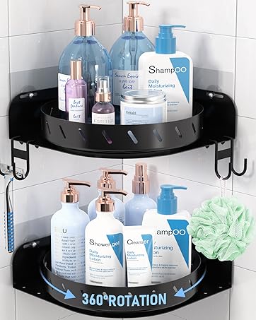 Amazon.com: 360°Rotating Corner Shower Caddy Shelf With 6 Hooks,2PACK Bathroom Lazy Susan Shower ...