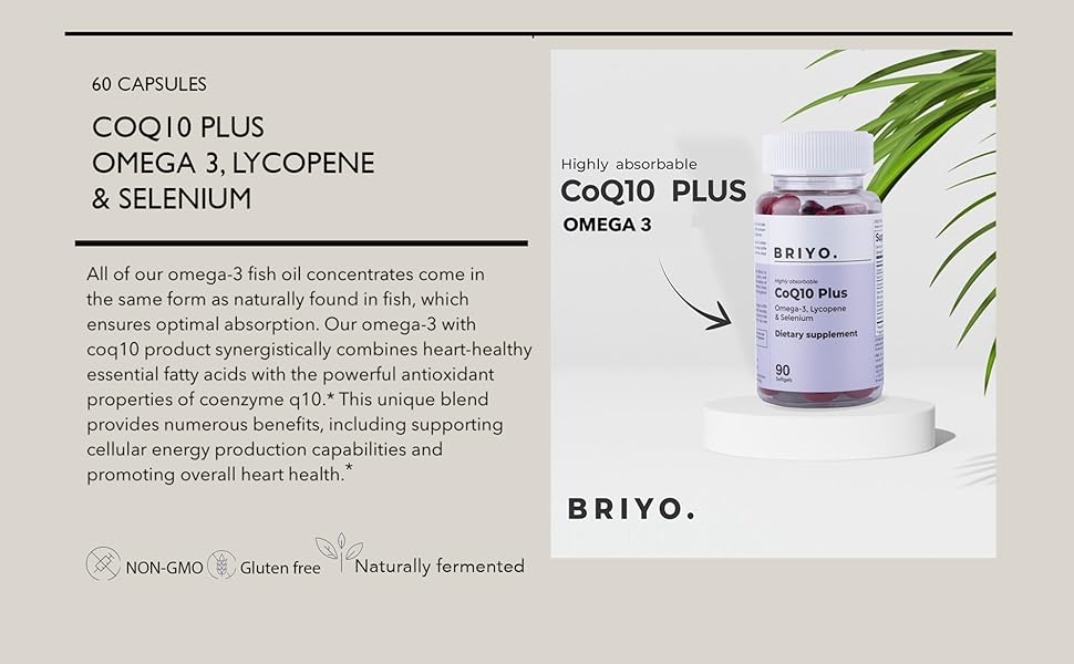 Amazon.com: Briyo Highly absorbable CoQ10 100 mg Plus Omega-3 with Natural Form of Lycopene and ...