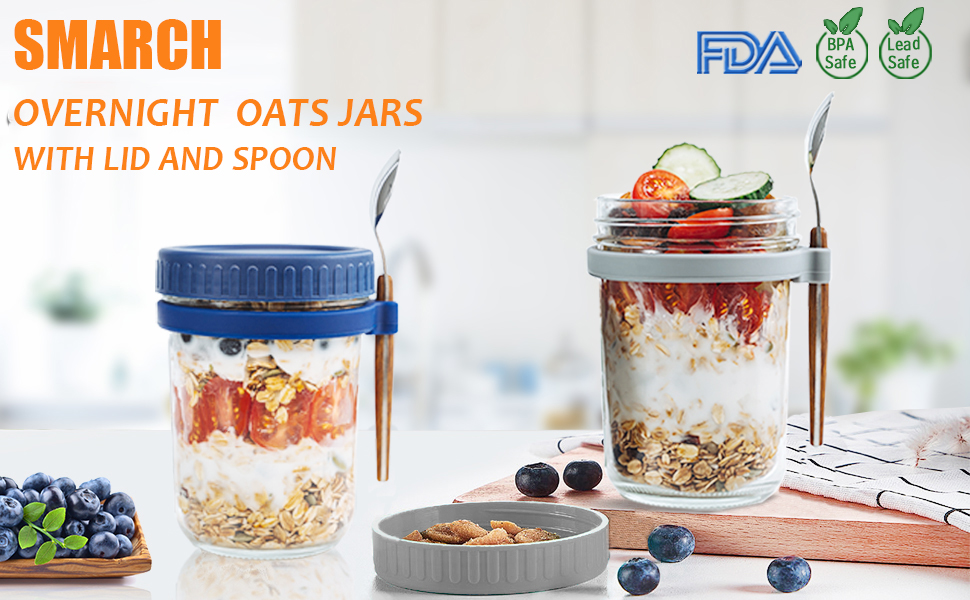 Amazon.com: SMARCH Overnight Oats Jars with Lid and Spoon Set of 2, 16 oz Large Capacity ...