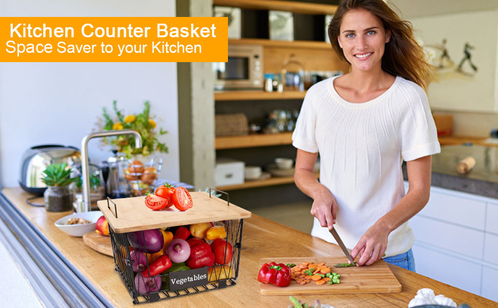 Amazon.com - 1 Pack Stackable Wire Storage Baskets with Wood Lid- Pantry Cabinet Organization ...