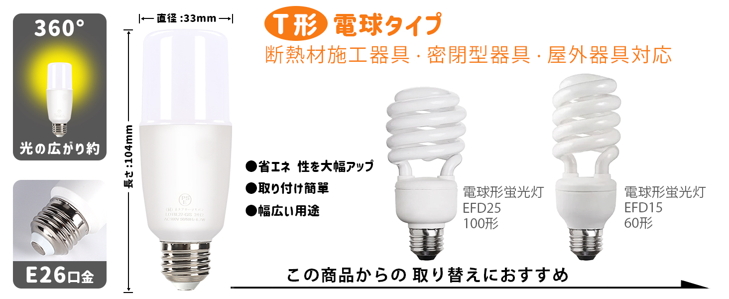 Amazon | LED電球 口金直径26mm T形タイプ電球100W形相当 1200ルーメン 一般電球 密閉器具対応 全方向タイプ 調光不可 電球形蛍光灯EFD15 EFD25代替推奨 ...