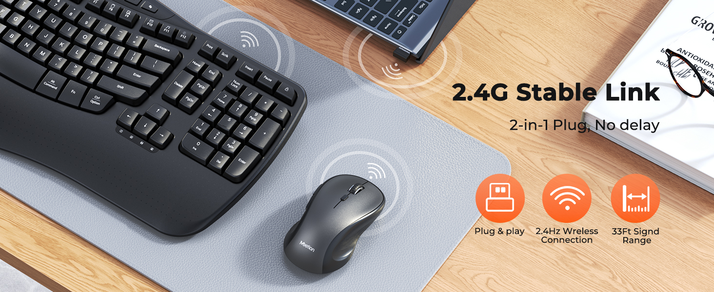 Meetion Ergonomic Keyboard And Mouse Wireless Combo Wave Keys Natural Typing 2 4g