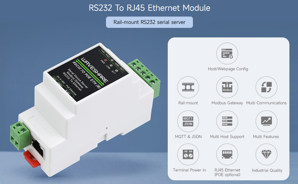 Waveshare Industrial Serial Server, RS232 to RJ45 Ethernet, TCP/IP to Serial, Rail-Mount Support ...